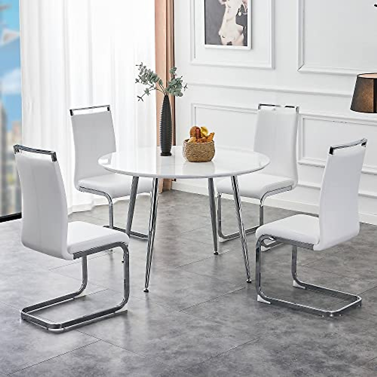 44.8" Round Dining Table for 4-6, Imitation Marble Grain Wood Round Kitchen Table with Plating Adjustable Heigh Legs, Suitable for Living Room, Kitchen & Dining Room, Waiting Room, White