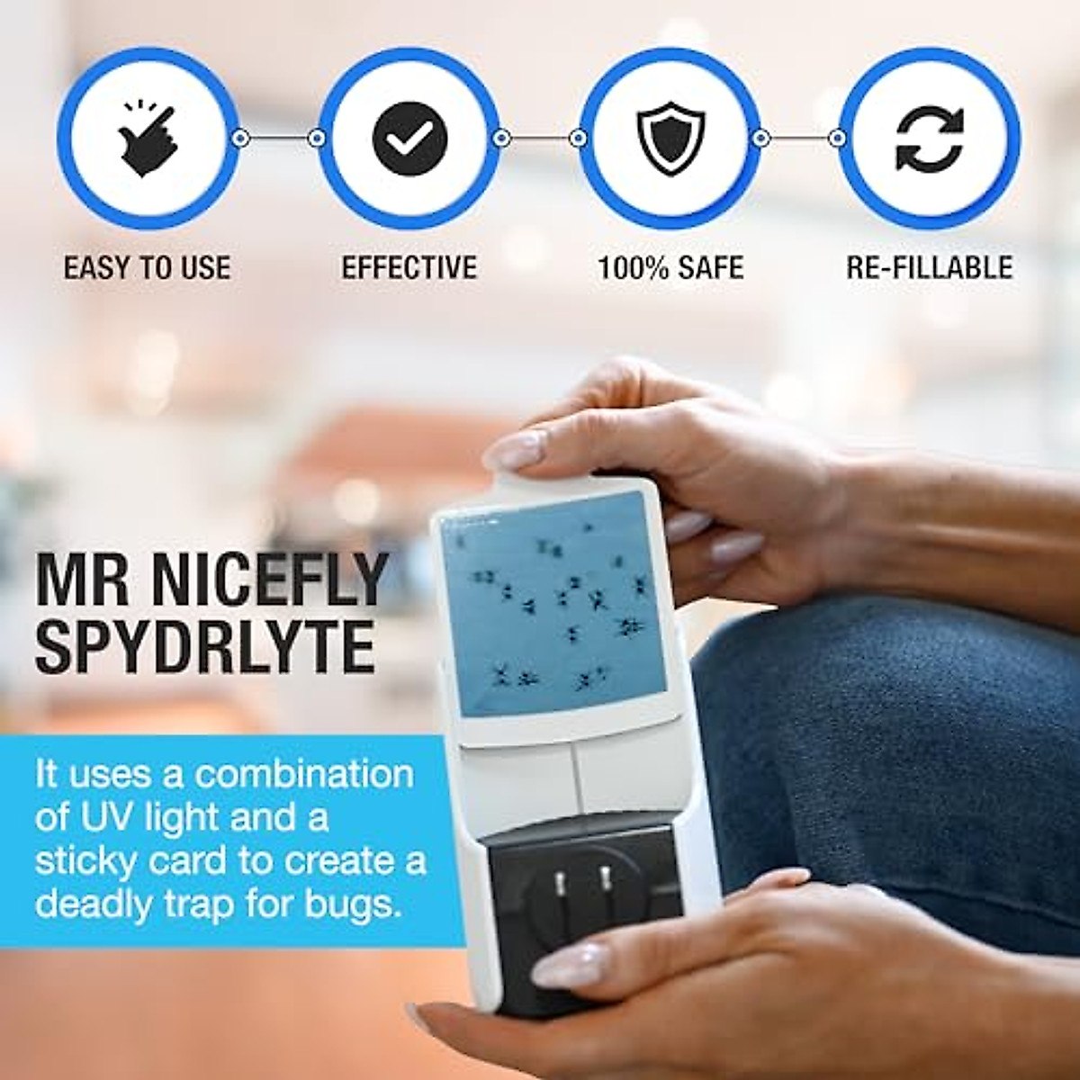 MR NICEFLY 2 Pack - Fruit Fly Traps for Indoors & Gnat Traps for House Indoor, Bug Zapper & Mosquito Killer with UV Night Light Attractant (2 Device + 4 Sticky Cards)