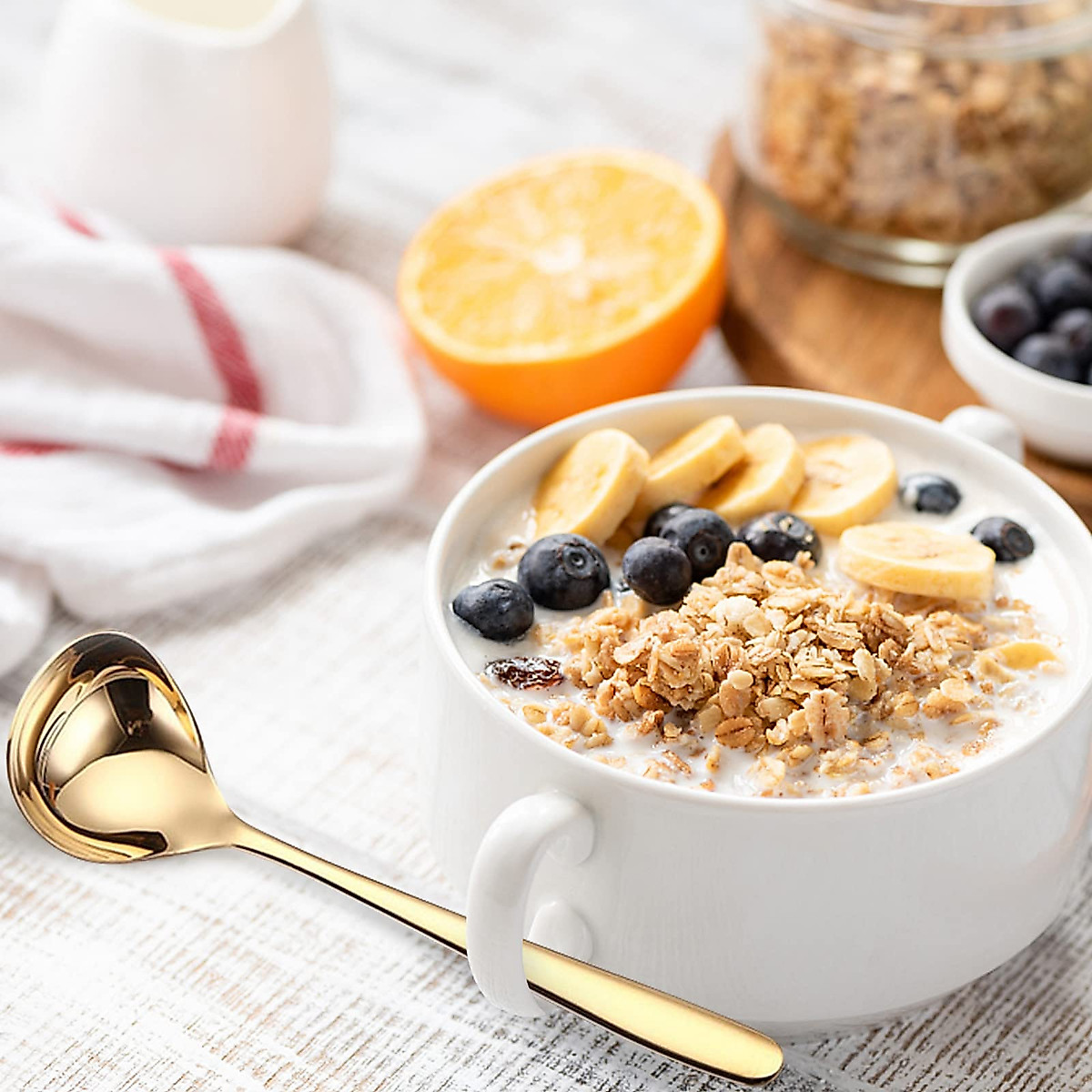 GuDoQi Soup Ladle, 3 Pack Durable 304 Stainless Steel with Polished Titanium Plated Big Volume Soup Spoon, Kitchen Gadget Utensil,8 Inch, Gold