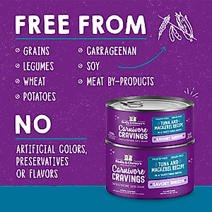Stella & Chewy’s Carnivore Cravings Savory Shreds Cans – Grain Free, Protein Rich Wet Cat Food – Wild-Caught Tuna & Mackerel Recipe – (2.8 Ounce Cans, Case of 12)