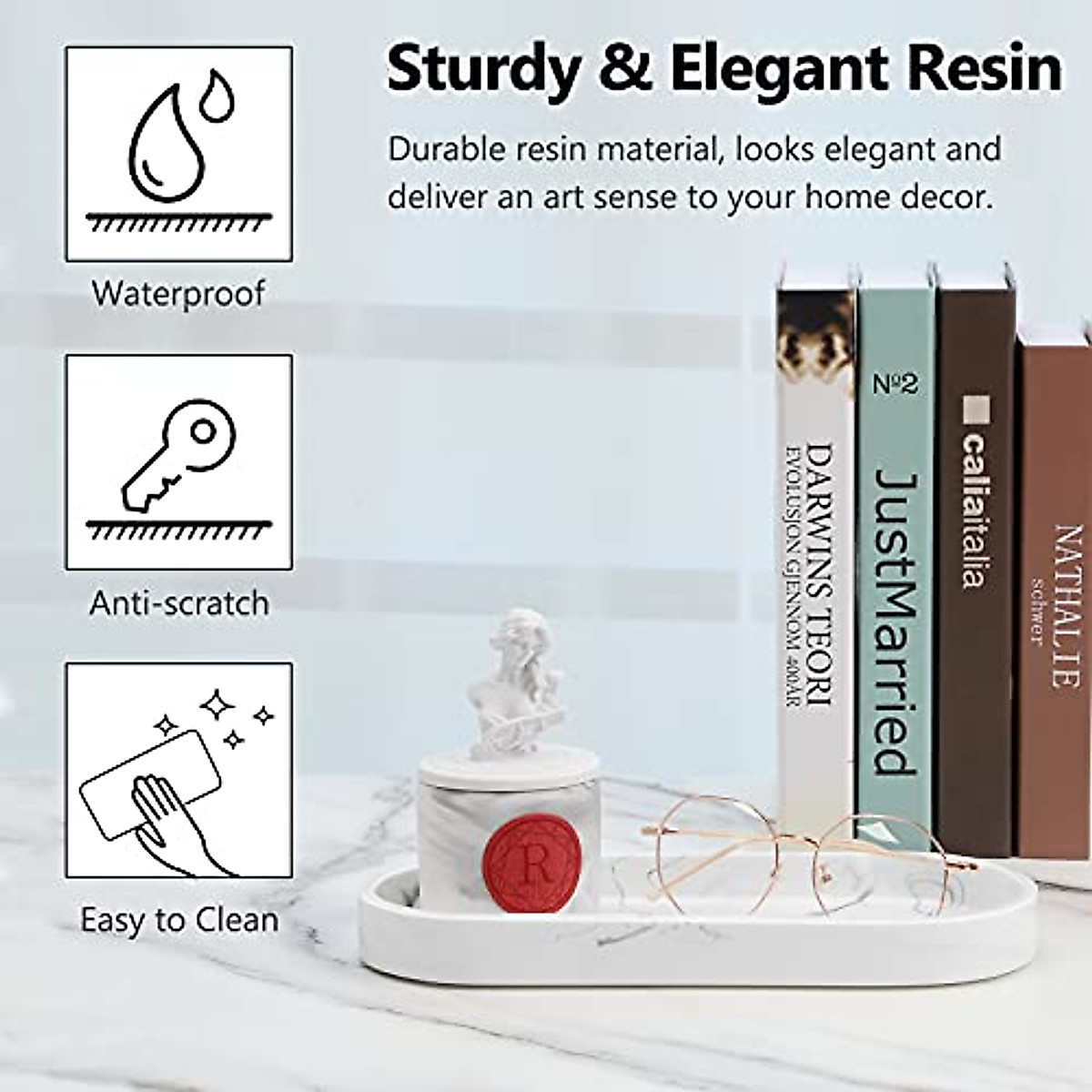 KENOBEE Jewelry Organizer Tray, Resin Bathtub Bathroom Catchall, Oval Cosmetic Vanity Decorative Storage Holder Jewelry Dish for Ring Bracelet Perfume Soap Shampoo Towel Tissues, Marble White