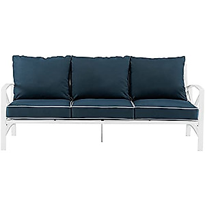 Crosley Furniture Kaplan Outdoor Sofa with Steel Frame, 3-Person Patio Couch for Porch, Deck, Backyard, White with Navy Cushions