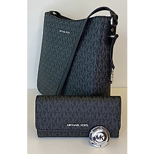 Michael Kors MICHAEL Michael Kors Jet Set Travel Large Messenger Crossbody bundle with Trifold Wallet Purse Hook (Signature MK Vanilla)