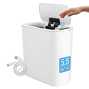 TrashAid Touchless Bathroom Trash Can with Lid, 5.5 gallon Rechargeable Motion Sensor Slim Trash Bin Automatic, Smart Plastic Garbage Can White Wastebasket for Toilet, Office, rv, Bedroom, Living Room