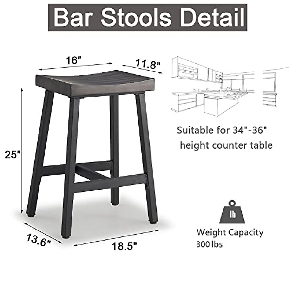 OUllUO Black Gray Bar Stools Set of 2, Backless Saddle Barstools, 25" Counter Height Bar Stools, Gray Solid Wood Counter Stools with Metal Frame for Kitchen Island, 521P-BGWD