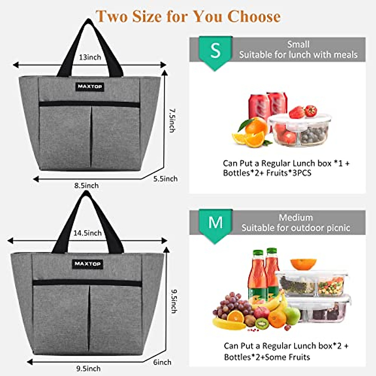 MAXTOP Lunch Bags for Women,Insulated Thermal Lunch Tote Bag,Lunch Box with Front Pocket for Office Work Picnic Shopping (Black, Small)