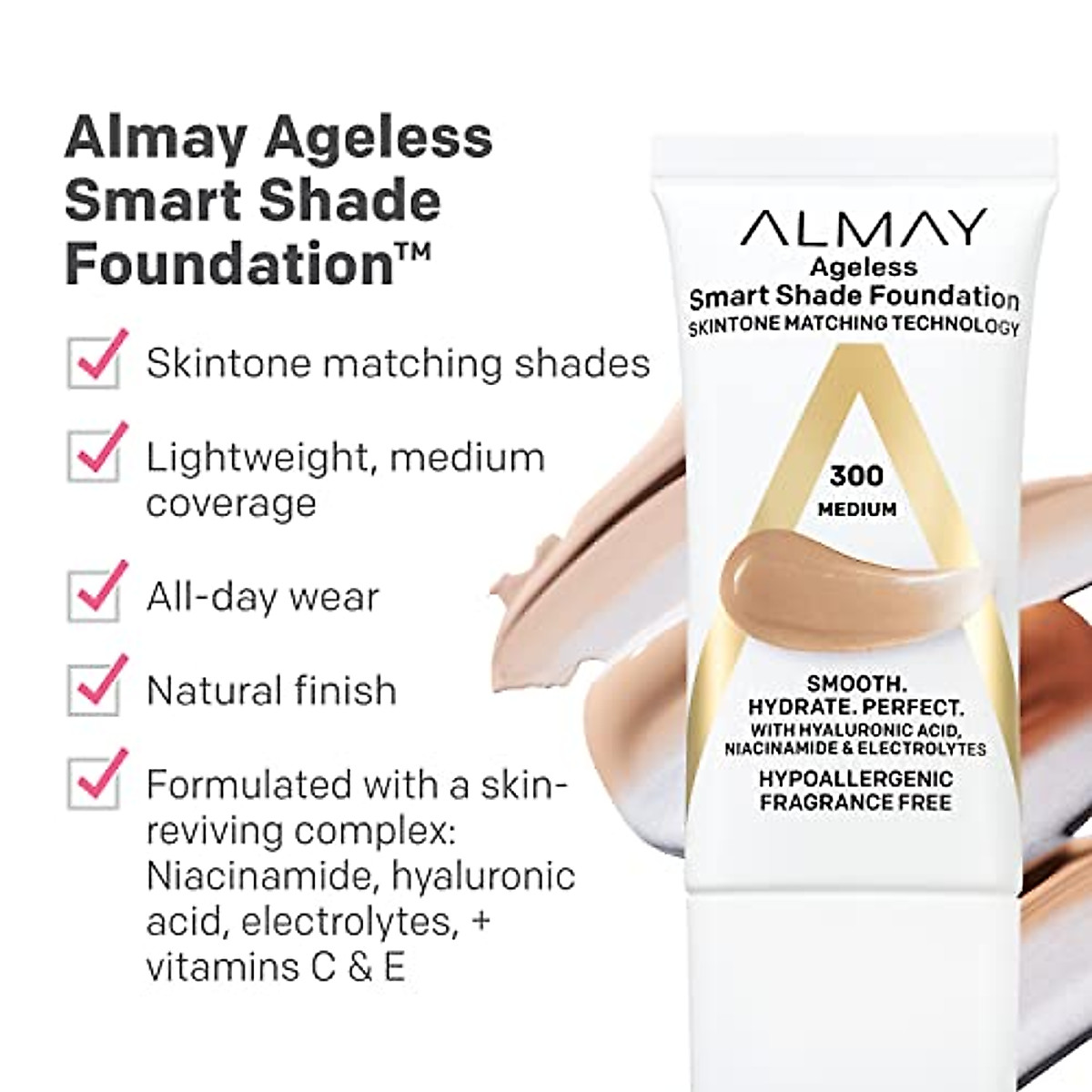 Almay Anti-Aging Foundation, Smart Shade Face Makeup with Hyaluronic Acid, Niacinamide, Vitamin C & E, Hypoallergenic-Fragrance Free, 200 Light Medium, 1 Fl Oz (Pack of 1)