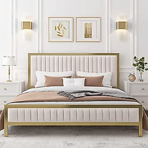 Full Size Bed Frame, Velvet Upholstered Platform Bed Frame Full Size, Golden Metal Bed Frame with Headboard and Footboard, Wooden Slat Support/Mattress Foundation/No Box Spring Needed, Golden/Beige