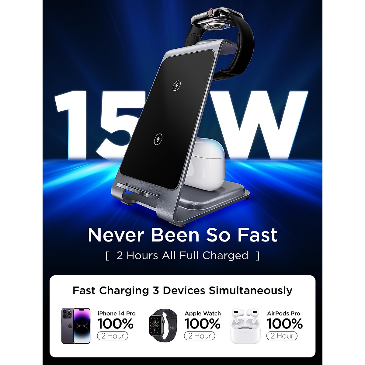 Lemoworld 15W Wireless Charger iPhone Fast Charging, 3 in 1 Wireless for Apple Charging Station Multiple Device [Metal] iPhone Charging Station for iPhone 15/14/13/12/11/Pro/Max/Apple Watch/Airpods