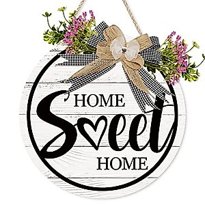 IARTTOP Home Sweet Home Sign for Front Door Decor, Farmhouse Porch Wall Decoration with Round Hanging, White Wooden Sign Decoration for Home Outdoor,Indoor,Living Room(Plaid Bow+Black word)