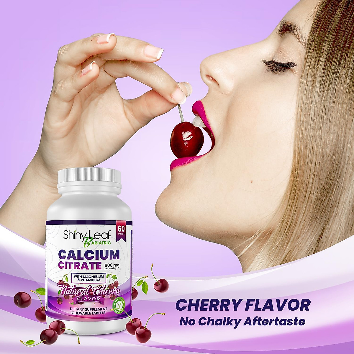 Shiny Leaf Bariatric Calcium Citrate 600 mg Supplement for Bariatric Surgery Patients, 60 Ct Chewable Tablets with Magnesium, Vitamin D3, Natural Cherry Flavor, Vegetarian (1 Month)