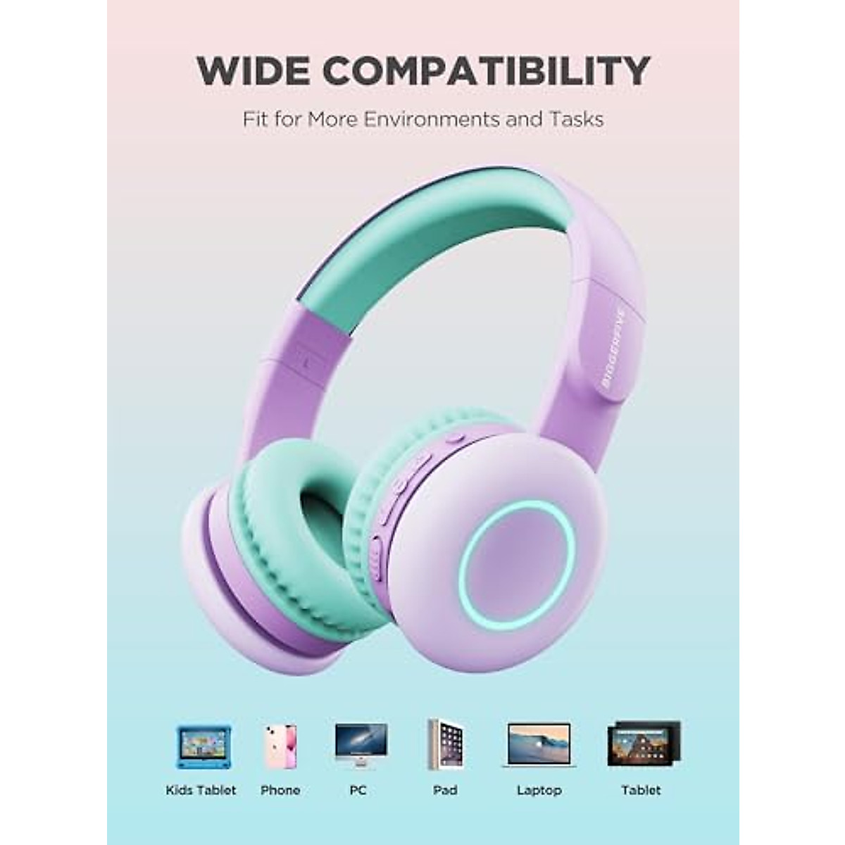 BIGGERFIVE Kids Wireless Bluetooth Headphones with 7 Colorful LED Lights, 50H Playtime, Microphone, 85dB/94dB Volume Limited, Foldable On Ear Kids Headphones for School/Girls/Fire Tablet, Purple