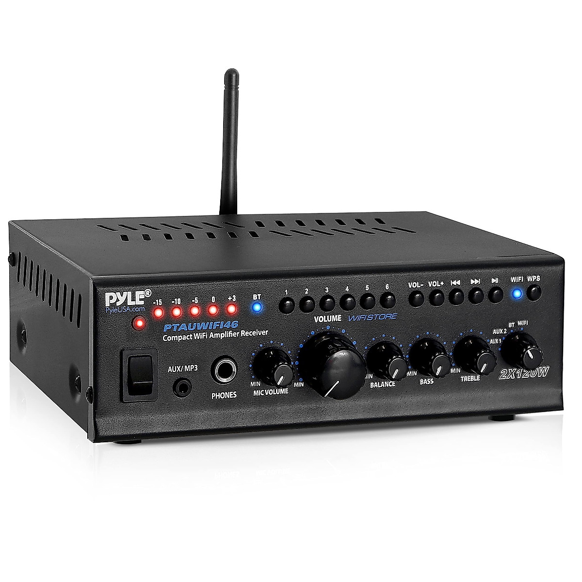 Pyle WiFi Stereo Amplifier Receiver Home Theater Audio System Wireless Bluetooth AUX MP3 Music Streaming 1/4'' Input & Microphone Paging/Mixing Control 240 Watt (PTAUWIFI46) Black