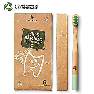 GREENZLA Kids Bamboo Toothbrushes (6 Pack) BPA Free Soft Bristles Eco-Friendly, Natural Toothbrush Set Biodegradable & Compostable Charcoal Wooden