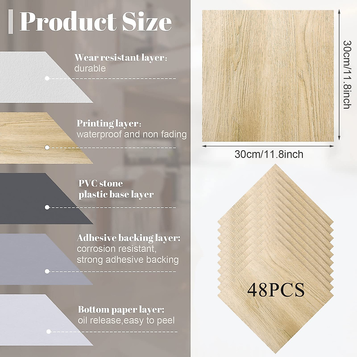 Sasylvia 48 Pcs Peel and Stick Floor Tile Wood Grain Vinyl Flooring Self Adhesive Waterproof Bathroom Floor Tile for Living Bedroom Kitchen Floor, 12 x 12 Inch(Light Yellow, Elegant Style)