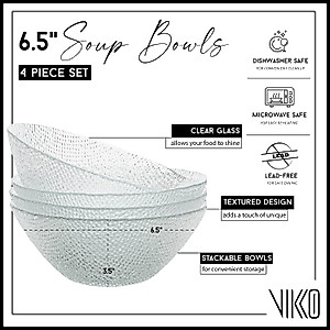 Vikko Soup Bowl, Set of 4 Glass Bowls, 6.5 Inch Salad Bowls, Elegant Textured Glass Design, Stackable Glass Bowls, Dishwasher Safe