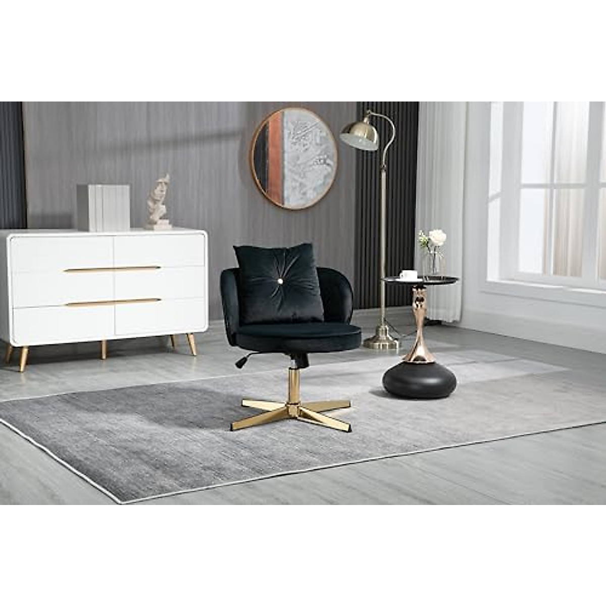 MOONMISS Swivel Office Desk Chair - Ergonomic Comfy Desk Chairs with Pillow, Adjustable Velvet Vanity Chair for Study, Office, Make-up, Black-Gold Legs