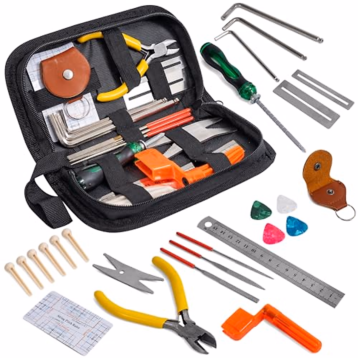 GOCOHHI Guitar Repairing Tool Kit Wire Plier,String Organizer,Fingerboard Protector,Hex Wrenches, Files, String Ruler Action Ruler, Spanner Wrench,Bridge Pins for Guitar Ukulele Bass Mandolin (26 PCS)