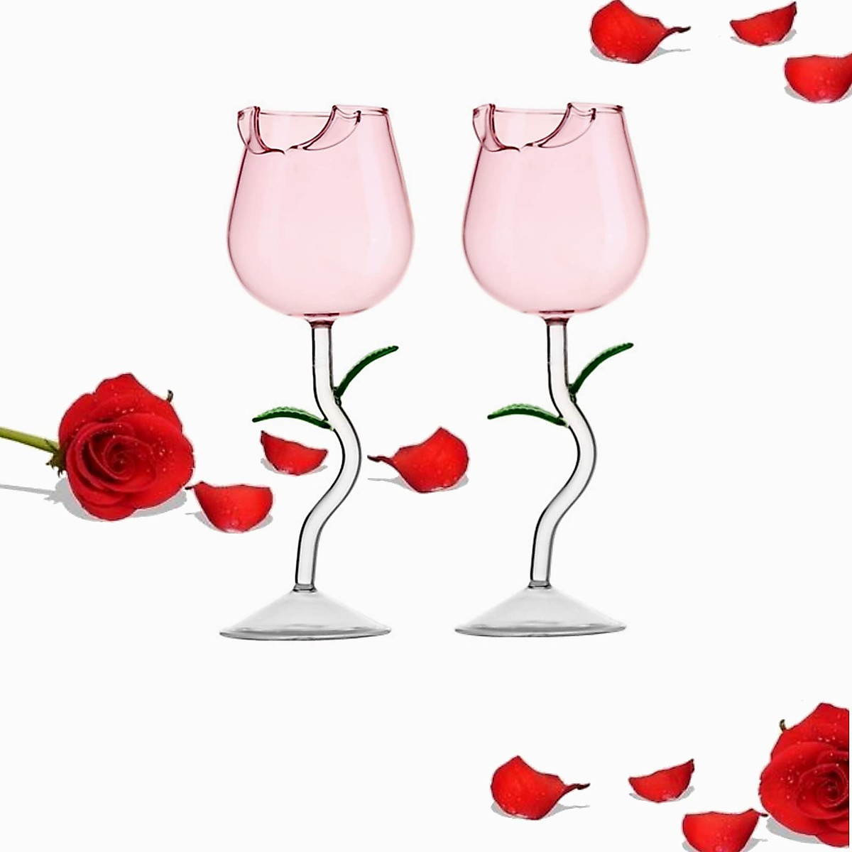 BVCED Wine Glasses Set of 2 Rose Flower Shape Wine Glass 9.8OZ/280ML Fancy Red Wine Glass Rose Cocktail Wine Juice Goblet Crystal Champagne Flutes for Party Dinner Wedding Bar Creative Festival Gift