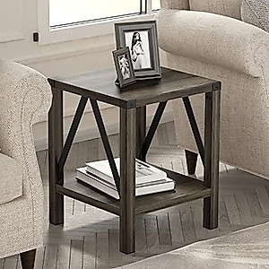 Treocho Farmhouse End Side Table, Rustic Vintage Nightstand with Shelf for Living Room, Bedroom, Grey Wash