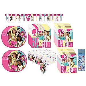 Barbie Birthday Party Supplies Bundle includes 16 Lunch Plates, 16 Napkins, 1 Table Cover, 1 Banner, 16 Loot Bags, 1 Dinosaur Sticker Sheet