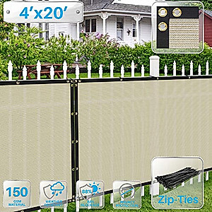 Patio 4' x 20' Fence Privacy Screen Beige Commercial Grade Heavy Duty Outdoor Backyard Shade Windscreen Mesh Fabric with Brass Gromment with Zipties