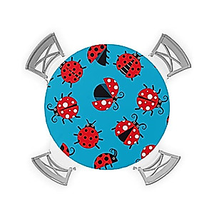 Elastic Fitted Tablecloth Waterproof Table Cloth Cute Ladybug Red Black Carapace Insect Dense Animal Blue Wipeable Round Table Cover for Outdoor Picnic Camping Party