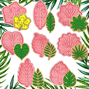 8 Pcs Tropical Leaf Cookie Cutters with Plunger Stamps Set 3D Palm Leaves Fondant Cutters Mold Hawaiian Polymer Clay Cutters DIY Decorative Baking Tools for Baking Cake Sugarcraft Candy Gum Paste