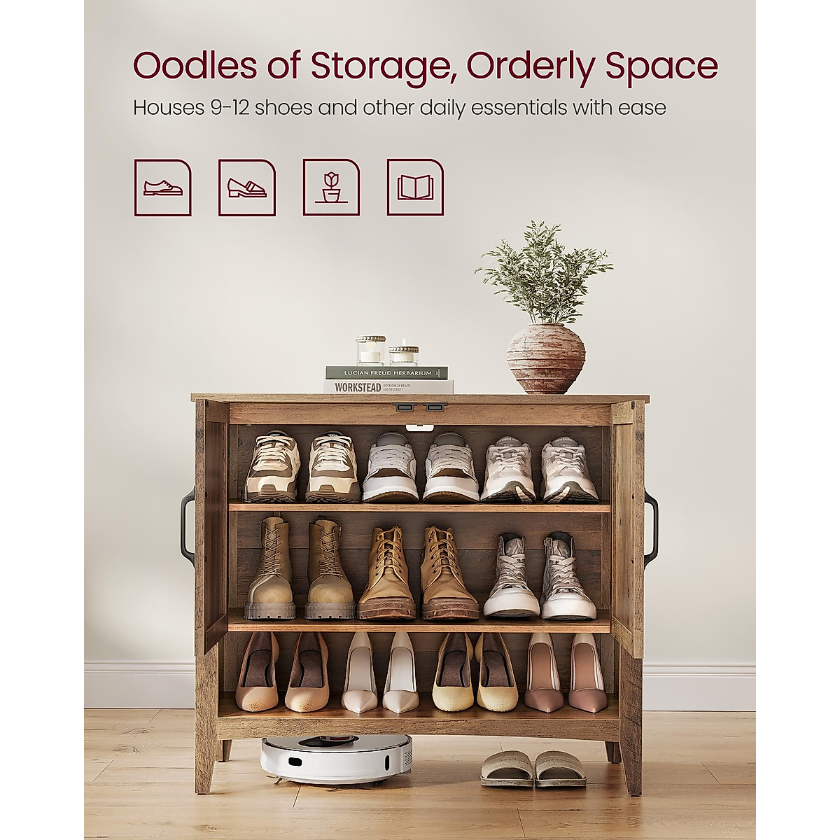 VASAGLE Shoe Cabinet, 3-Tier Shoe Storage Organizer, Shoe Shelf, Traditional American, Freestanding Cabinet with Height-Adjustable Shelf, 13.8 x 31.5 x 27.6 Inches, Entryway, Honey Brown ULBC038B01