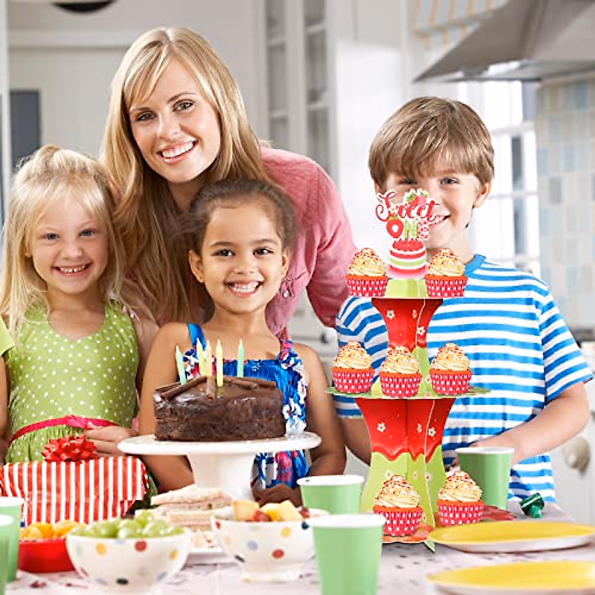 Rtteri 3 Tier Strawberry Themed Party Cupcake Stand Decorations Berry First Birthday Cupcake Holder Decor Summer Fruit Dessert Tower for Kids Girl Baby Shower Sweet 1st Birthday Party Supplies