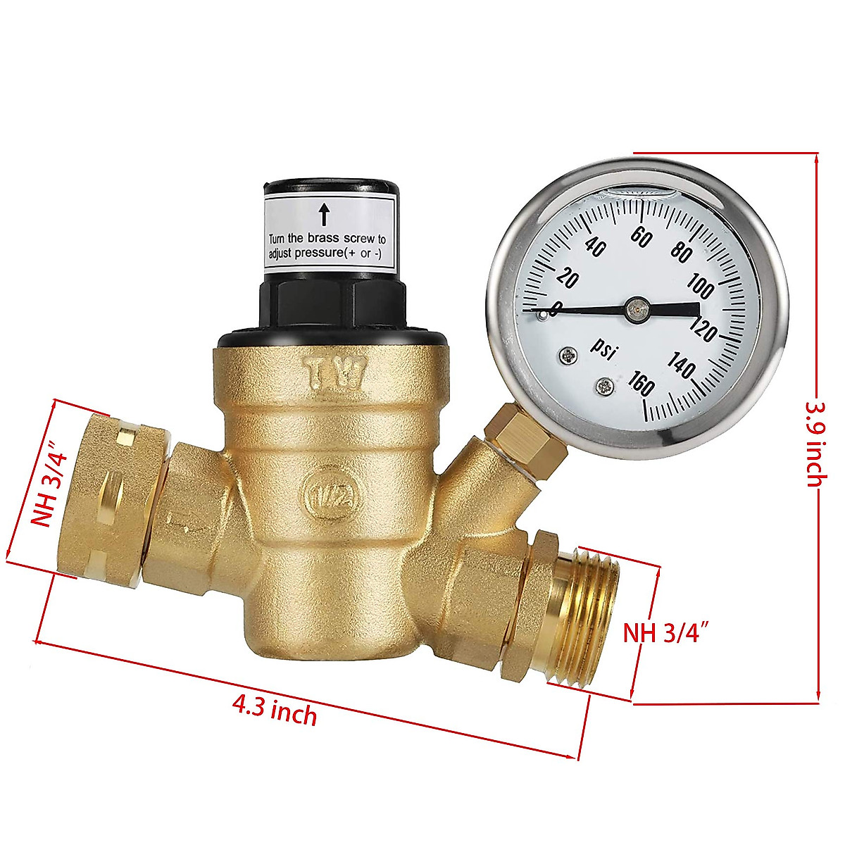 Adjustable Brass Water Pressure Regulator, with Gauge (0-160 PSI), Great for RVs and Boats and Plumbing Fixtures From High Water Pressure, Build-in Oil (NH Threads)