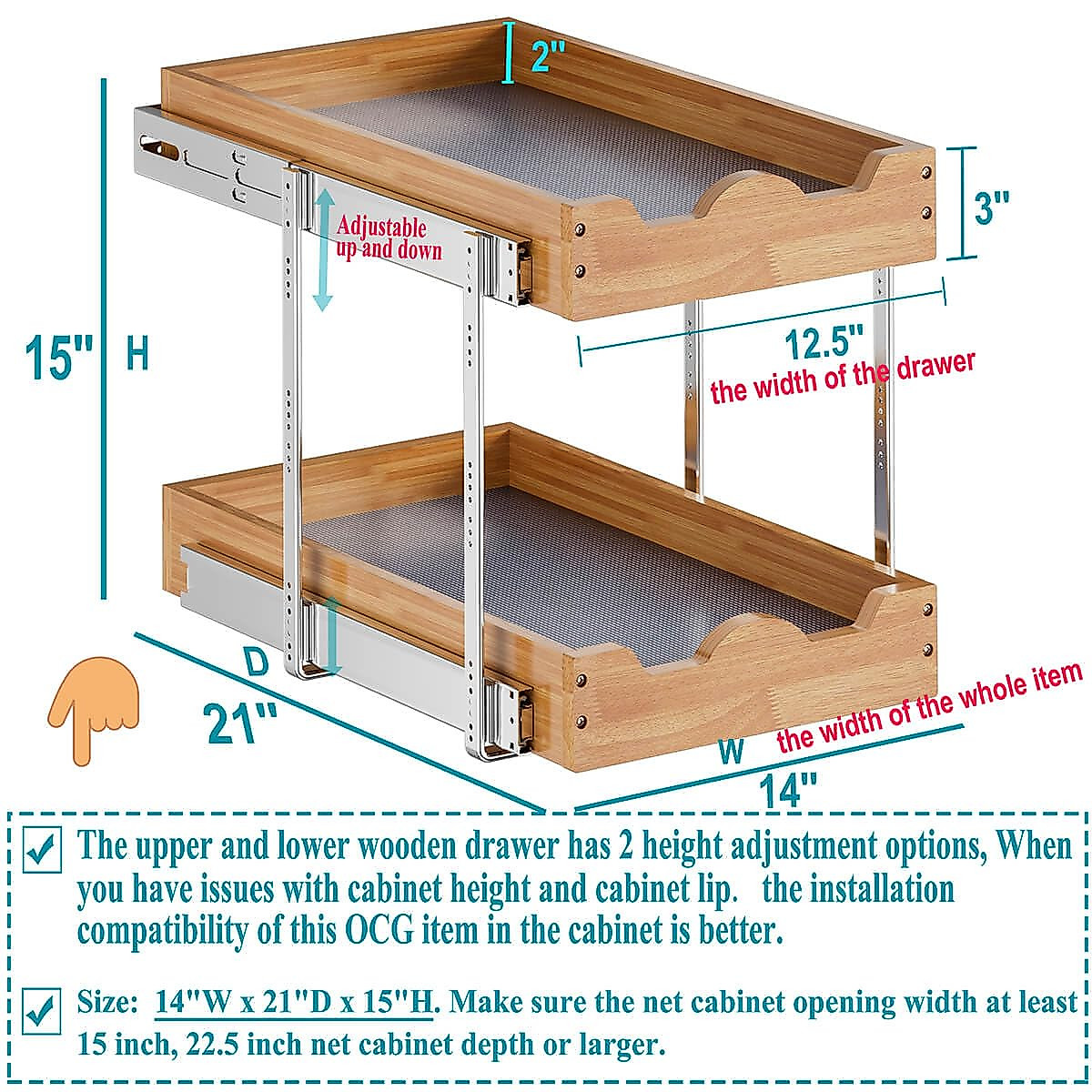 OCG Pull Out Drawers For Cabinets 14" W x 21" D, 2 Tier Heavy-Duty Slide out Wood Drawer Shelf, Pull Out Drawer for Cabinets, Base Cabinet Organization ​for Kitchen, Pantry, Bathroom