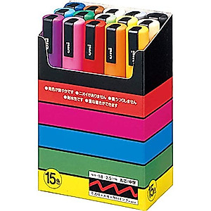 Uni POSCA Paint Marker Pen - Medium Point - Non Alcohol - Odorless Water Resistant Pen Maker - Set of 15 (PC-5M15C) with Original Vinyl Pen case