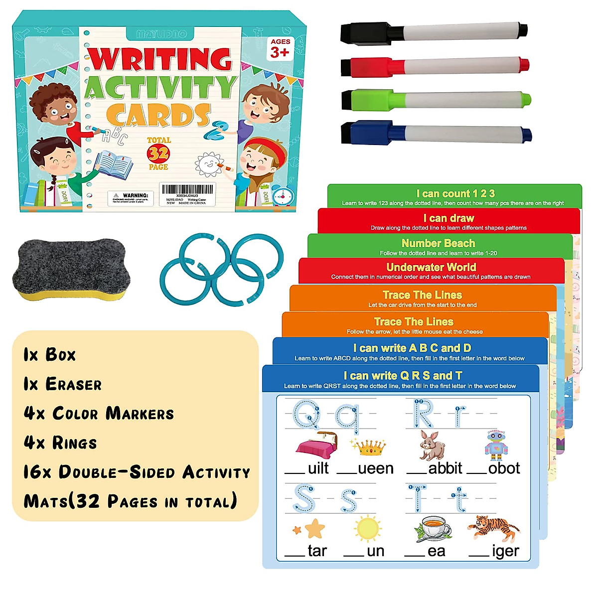 Preschool Learning Activities Educational Games, Busy Book-Learn Alphabet Number Line Tracing Drawing with 16 Activity Mats 4 Markers Montessori Toys For Toddlers Homeschool Supply Ideal Gift For Kids
