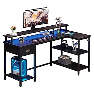 Shintenchi 50" L Shaped Computer Desk with 3-Tier Storage Shelves & Drawer, Reversible Gaming Desk with Monitor Stand & 32 Colors LED Lights, Modern Study Workstation for Home Office, Black