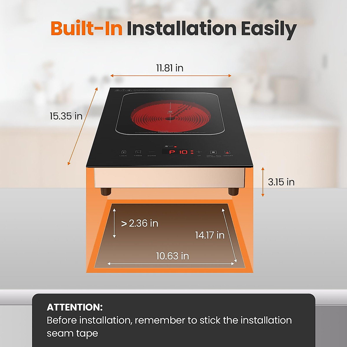 VEXMAECY Portable Countertop Burmer,Built-in Ceramic Cooktop,Electric Hot Plate Single Burner With Double Rings,Touch Electric Stove With Safety Lock,3H Timer,10 Power Levels For Home Cooking 1800W