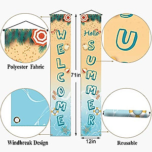 Pudodo Welcome Hello Summer Porch Banner Beach Themed Sea Palm Leaves Starfish Seashell Holiday Party Front Door Wall Sign Decoration