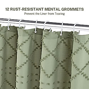 Siiluminisoy Sage Green Boho Shower Curtain Woven Fabric Cute Shower Curtain, 72 x 72 Tufted Chevron Textured Striped Modern Farmhouse Minimalist Cloth Shower Curtain Set with Hooks for Bathroom