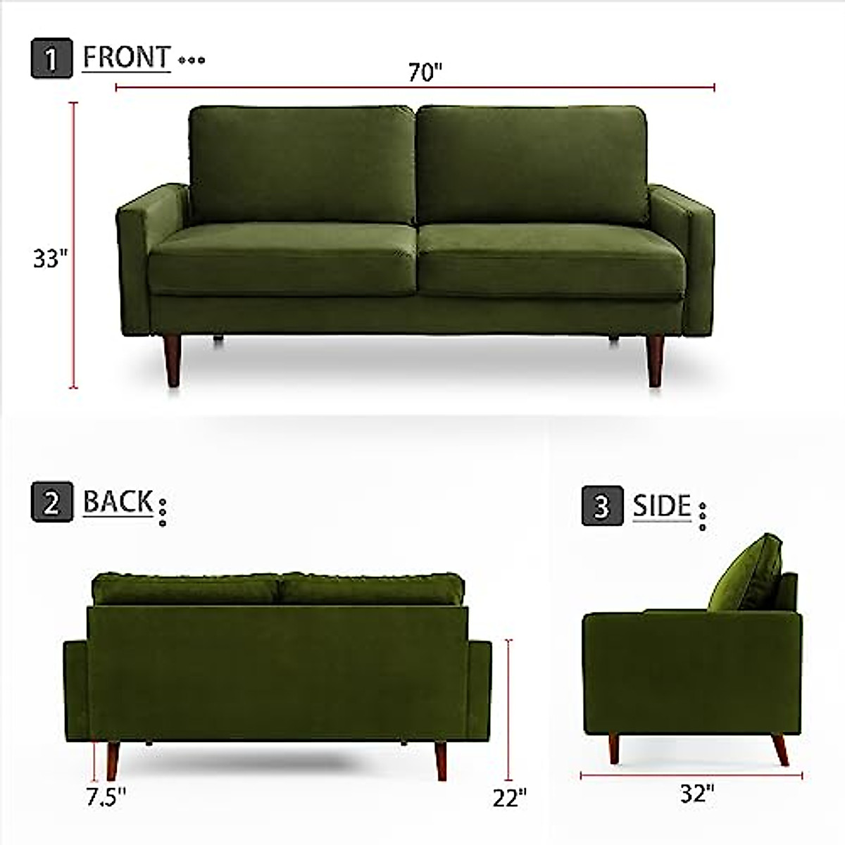SILKIR 3-Person Couch for Living Room | Perfect for: Apartment/Studio/Office & Small Space | Velvet Fabric | Fast and Easy Assembly | (Olive Green) Modern Contemporary Mid-Century, 70 Inch Sofa