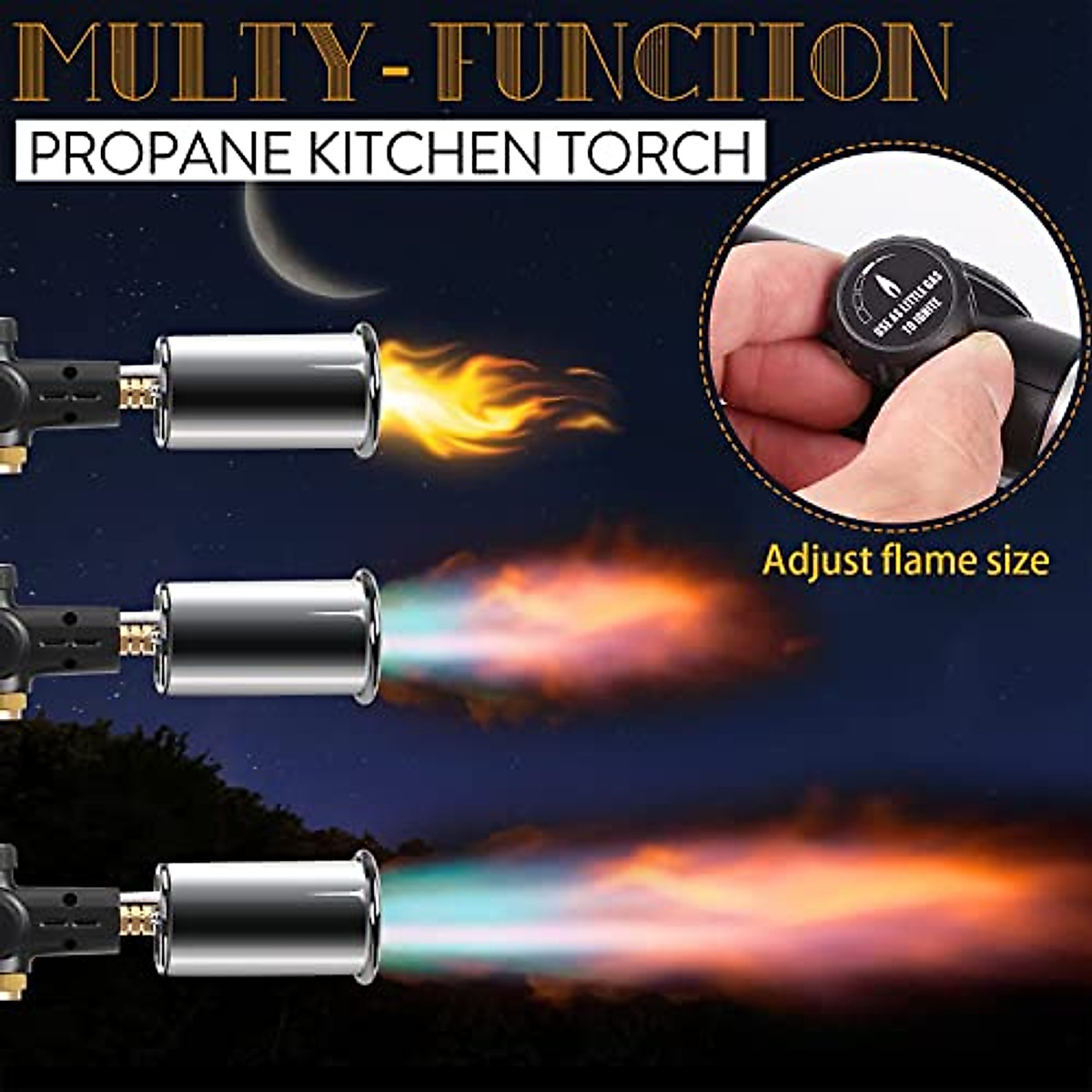 Propane Torch Head for Propane Tank, Powerful Blow torch Adjustable Flame Cooking torch, Kitchen Torch and Food Torch with Safety Lock for BBQ Searing Steak and Sous Vide - Fuel Not Included