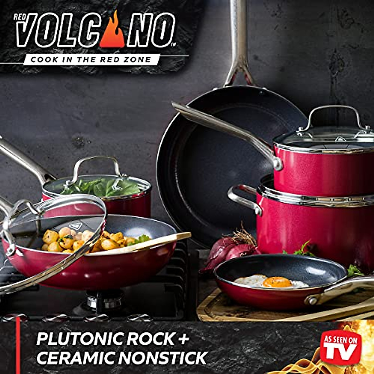 Red Volcano Textured Ceramic Nonstick, 14 Piece Cookware Pots and Pans Set with Stainless Steel Handles, PFAS PFOA & PTFE Free, Dishwasher Safe, Oven & Broiler Safe to 600 Degrees, Red
