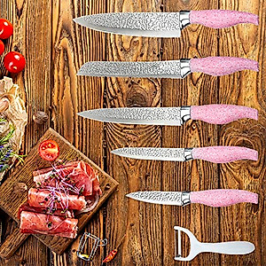Kitchen Knives Set,7 Pcs Knife Block Set with Heart Acrylic Knives Holder Block,Non-stick Stainless Steel Cooking Knives Sets for Chef Cooking Cutting (Pink02)