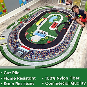 KidCarpet.com Race Car Rug, 4' x 6' Oval Race Track Play Rug | Educational Learning Rug for Children's Classroom | Area Rug for Kids Playroom or Bedroom