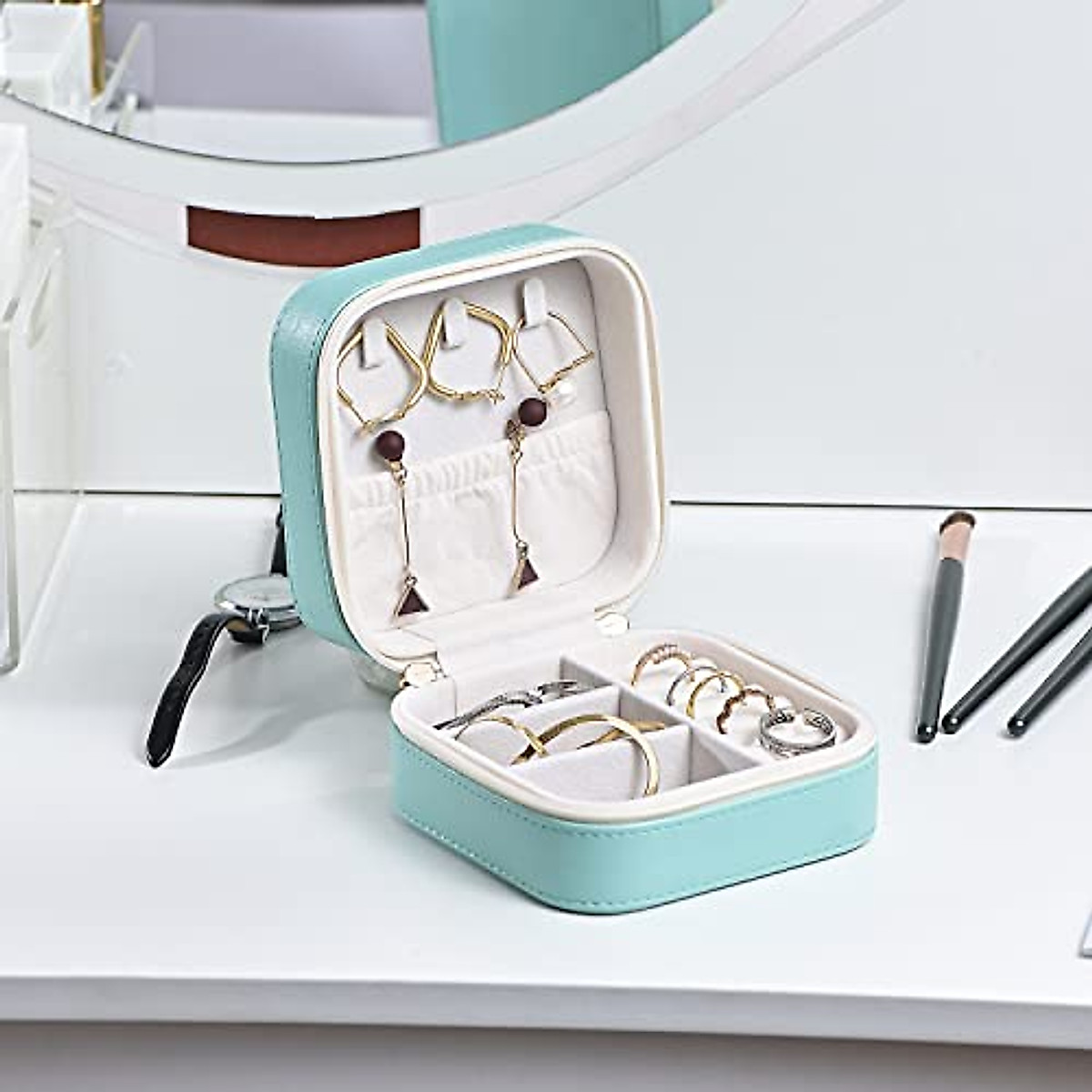 Luxury Leather Travel Jewelry Box for Women Mini Organizer Small Jewelry Portable Travel Case for Rings Earrings Necklace Multifunctional Storage Mother's Day Gift Women Wife Daughter Gift Lake Blue)