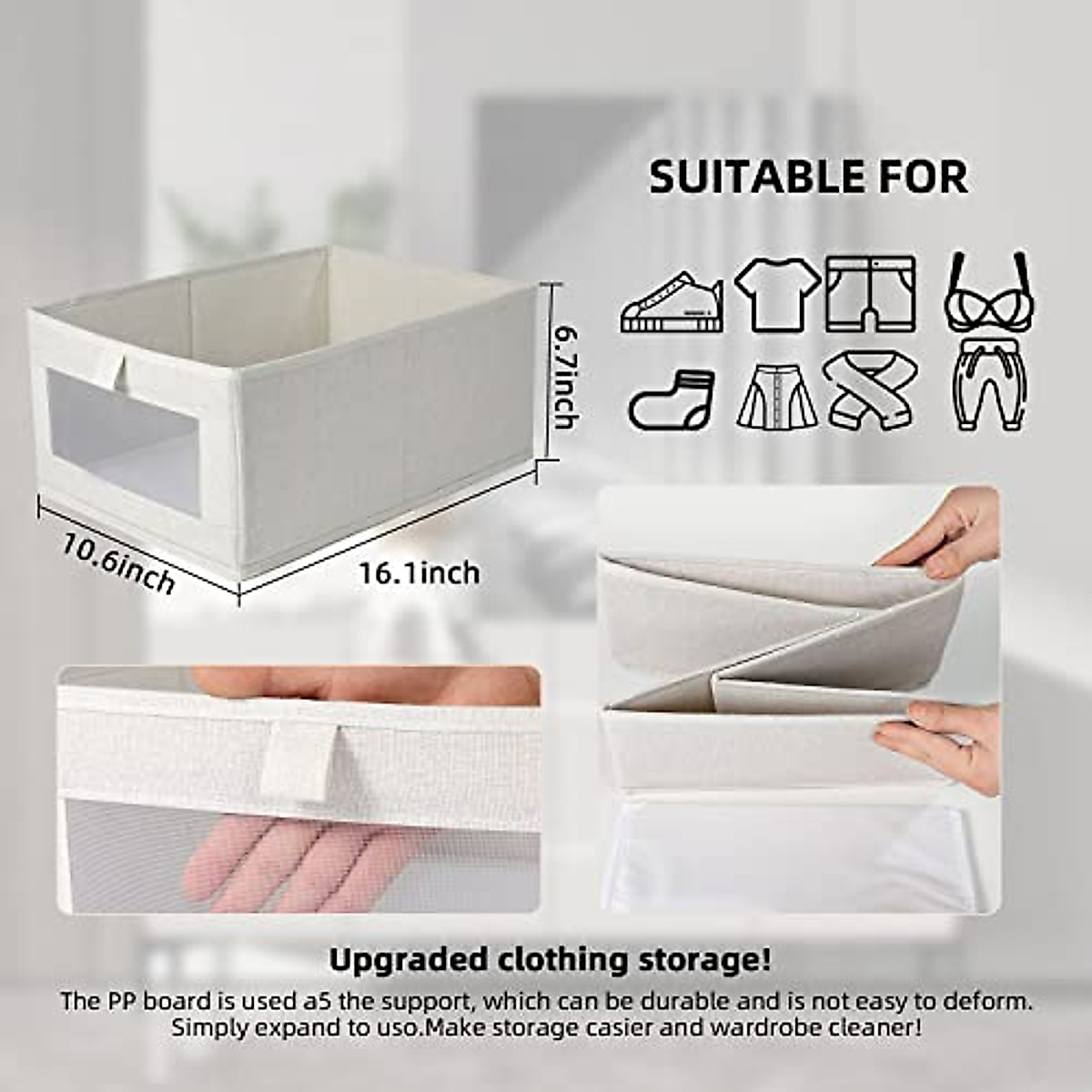 BDZBREN 4Pack Linen Storage Bins，Storage Containers for Organizing Clothing, Jeans, Toys, Shelves, Closet, Wardrobe - Closet Organizers and Storage，Foldable Large Storage Boxes Baskets with Window