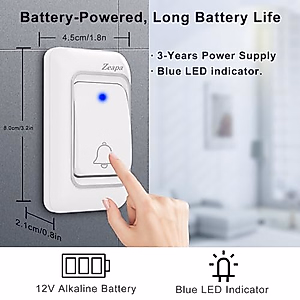 Wireless Doorbell, Differentiate Different Door, Stable Signal, 1300ft Range, 60 Ringtone, 4 Volume, Loud+Silent Mode, Bright LED Flash, 2 Receivers+2 Transmitters, Waterproof, Easy to Use, White