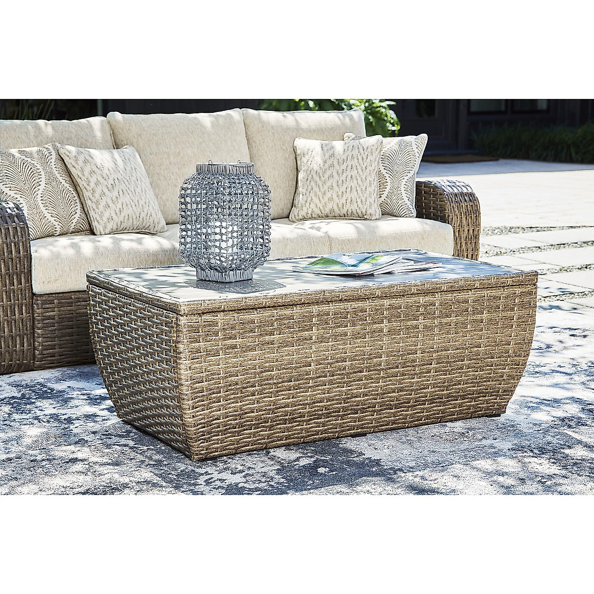 Signature Design by Ashley Sandy Bloom Casual Outdoor Resin Wicker Rectangular Coffee Table, Light Brown