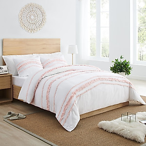 Sweet Jojo Designs Bohemian Boho Chic White and Pink Macrame Tufted Tassel 3 pc. Full / Queen Size Bed Bedding Set Duvet Comforter Cover Sham Blush Textured Minimalist Cotton Fringe Farmhouse Neutral