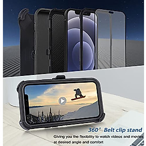 GYJ for iPhone 12/for iPhone 12 Pro Case 6.1" Belt-Clip Kickstand Holster with 2 Screen Protector,Full Body Rugged Heavy Duty Military Grade Shockproof/Drop Protection Cover (Black+Clip)