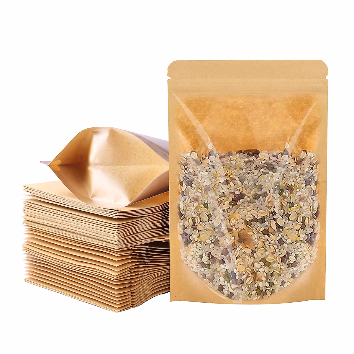 100 PCS Stand Up Pouches, 5.5 x 7.8 inch Kraft Paper Food Bags with Clear Window, Reusable Ziplock Food Storage Bags Resealable Pouches for Foods, Coffee Beans, Snacks